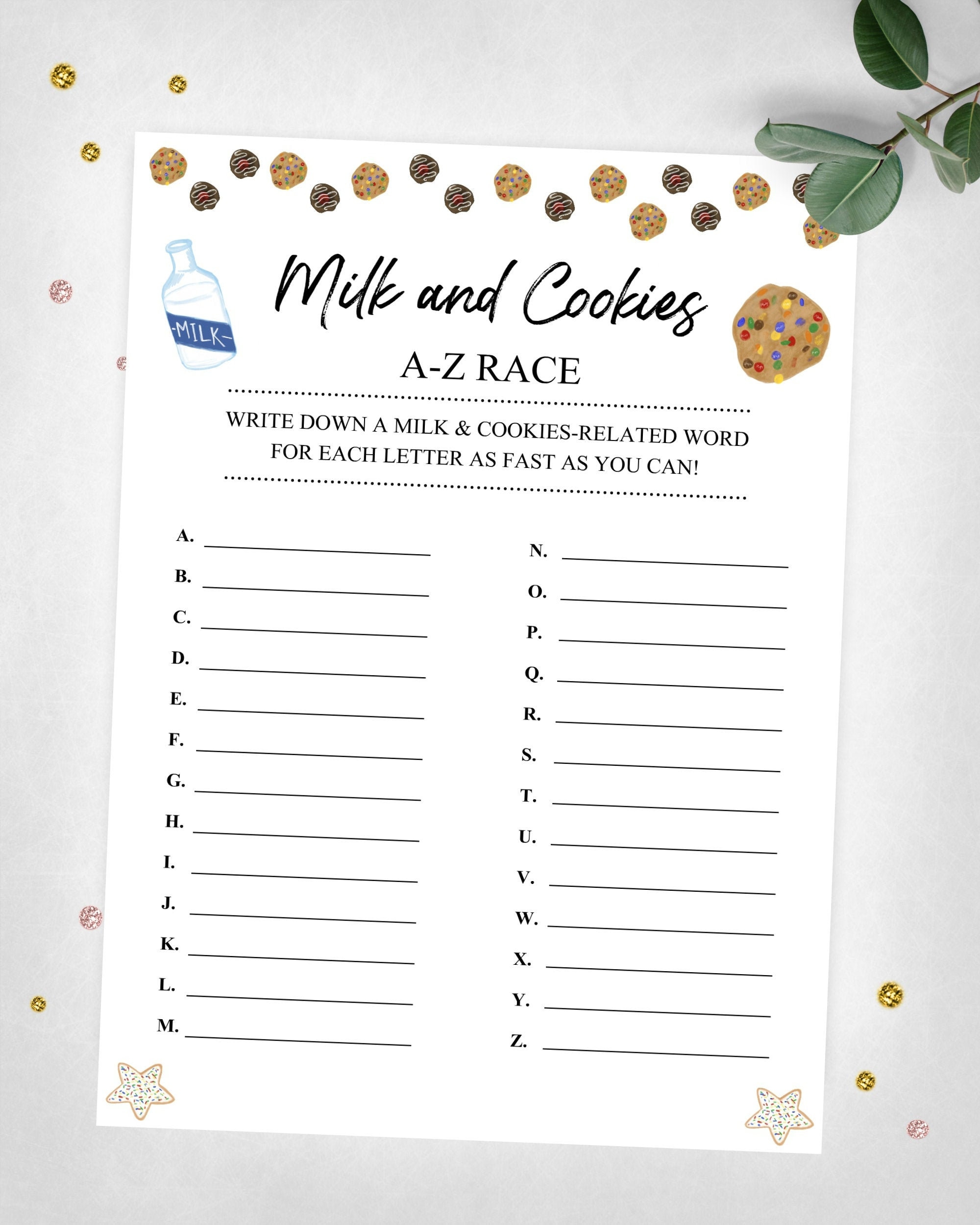 Milk and Cookies A-Z Race. Birthday Party Game. Milk & Cookies Theme A ...