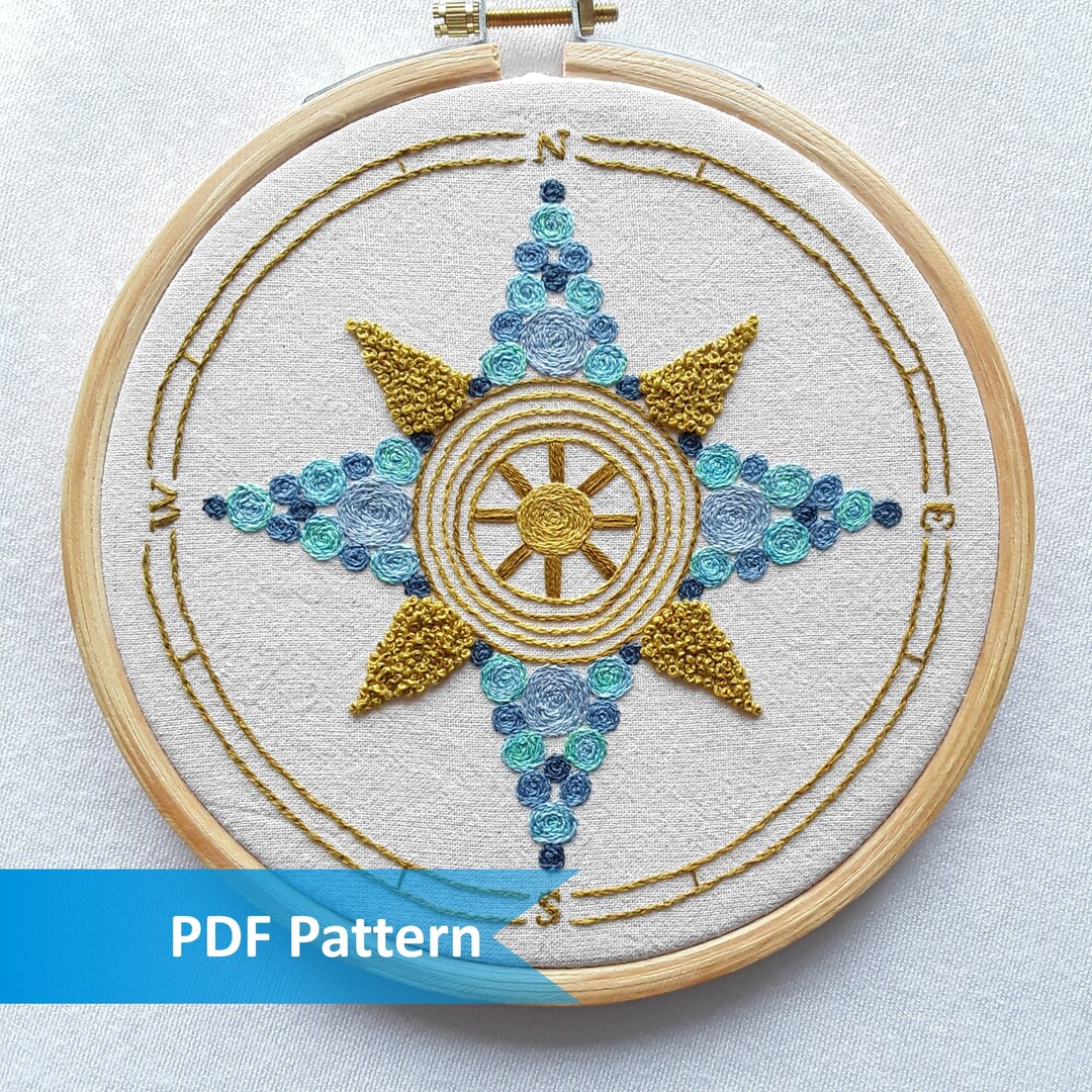 Compass Embroidery Pattern Beach House Decor Nautical Stitching Digital ...