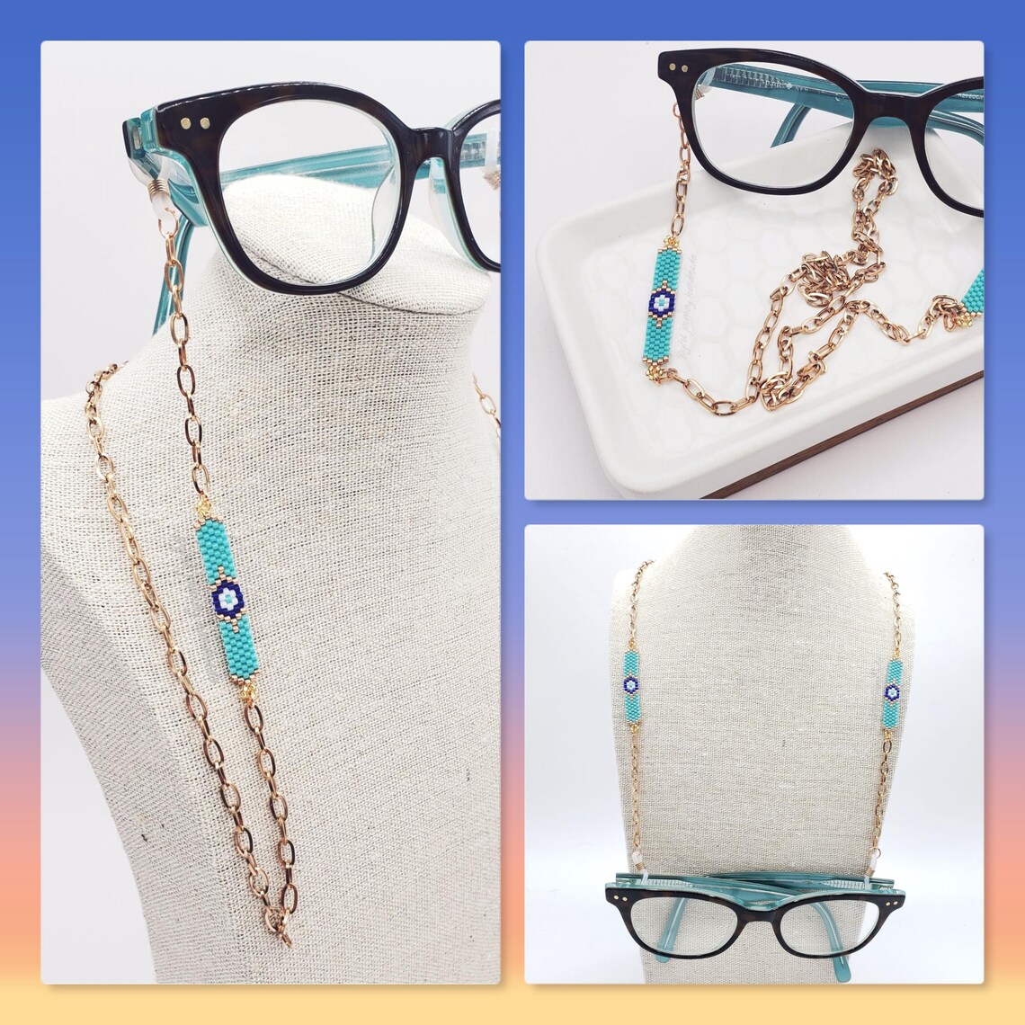 Rose Gold Eyeglass Chain: Turquoise Evil Eye Beaded Glasses Holder - Etsy