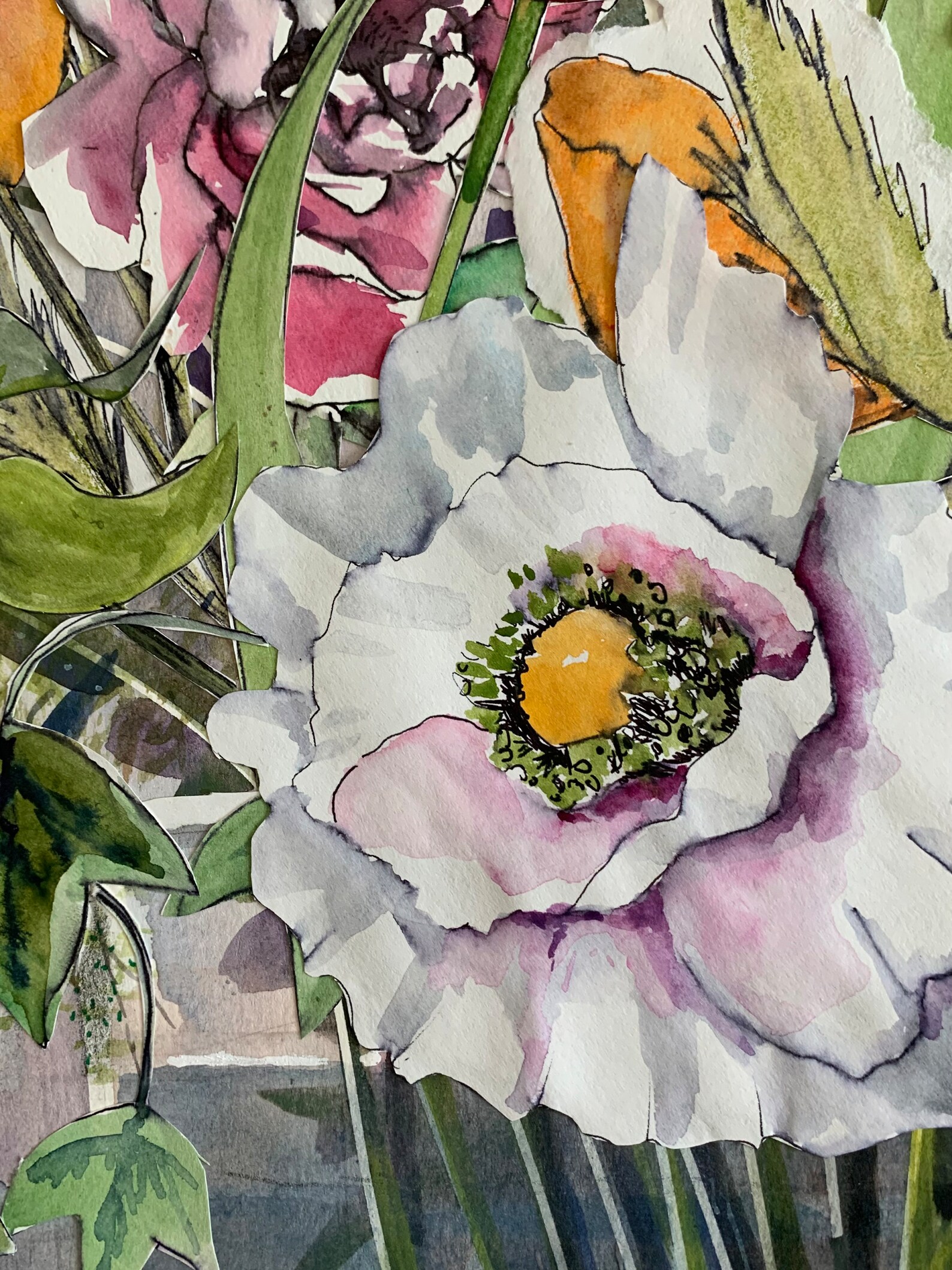 Floral Collage Watercolor and Ink - Etsy