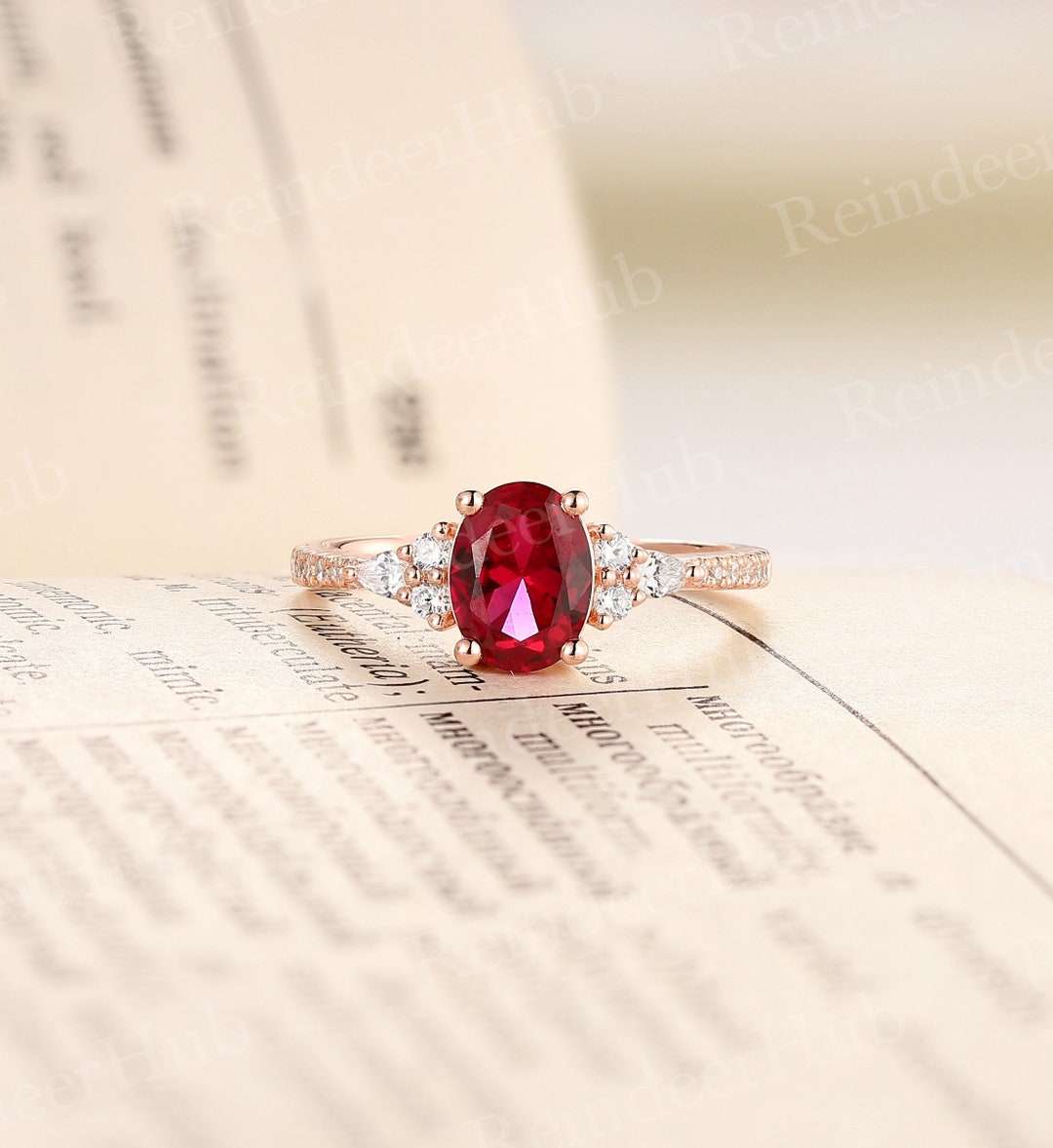 Oval Shape Ruby Engagement Ring Art Deco Rose Gold Pave Band Pear ...
