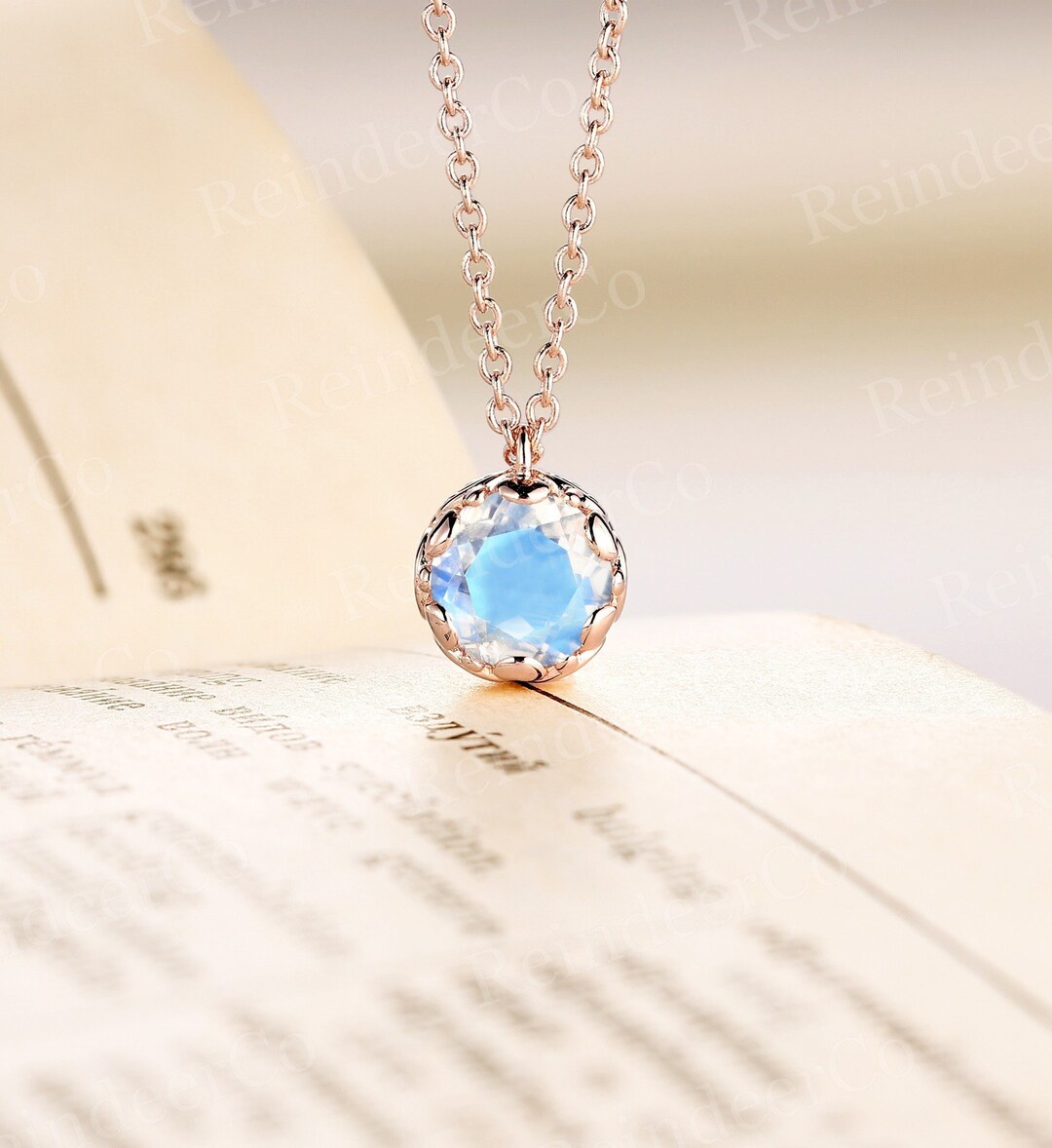 Vintage Round Shape Blue Moonstone Necklace, Rose Gold Charm Necklace ...