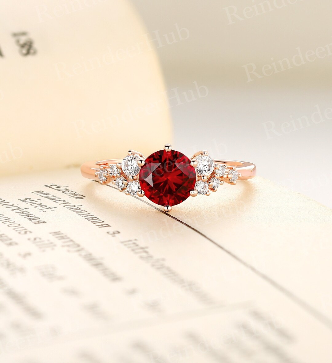 Vintage Ruby Engagement Ring Set,unique Cluster Bridal Ring,round ...