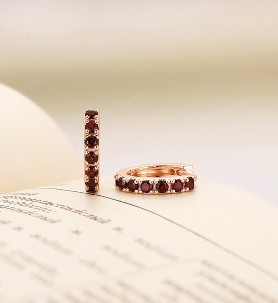 Round Cut Garnet Hoop Earrings Natural Red Gemstone Yellow Gold Earrings Genuine Garnet Hoop White Gold Bride Gift for Her Etsy
