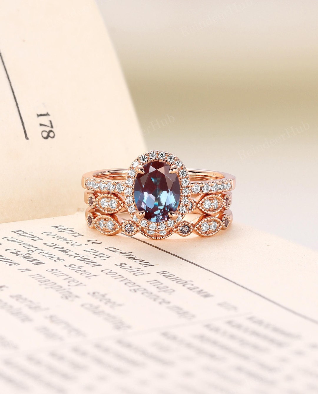 3PCS Oval Lab Alexandrite Engagement Ring Set 14K Rose Gold Ring ...