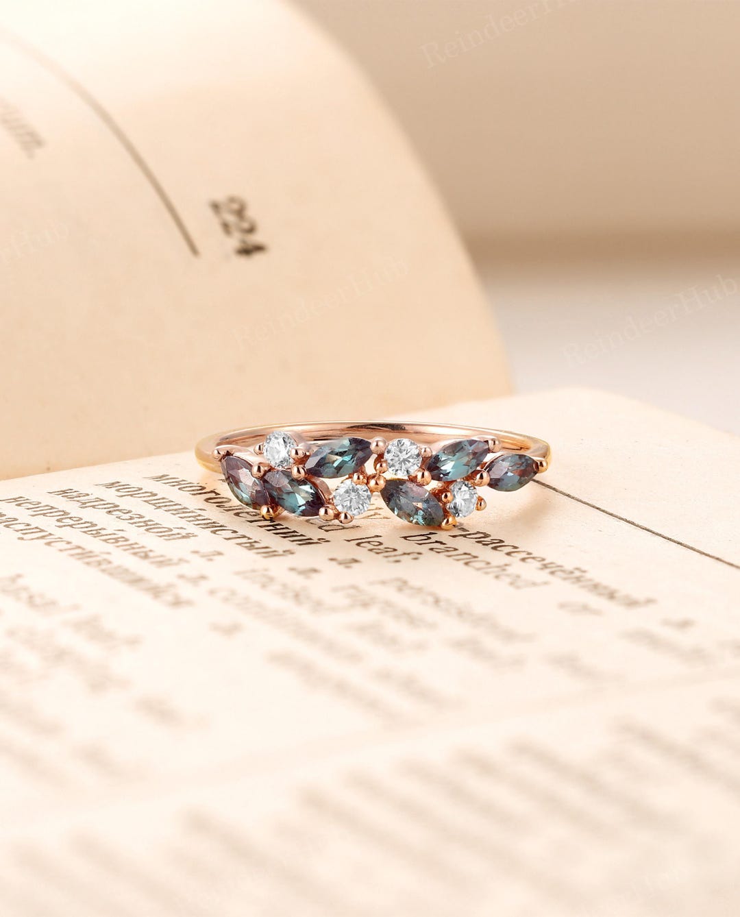 Vintage Cluster Alexandrite & Diamond Wedding Band,14k Rose Gold Band ...