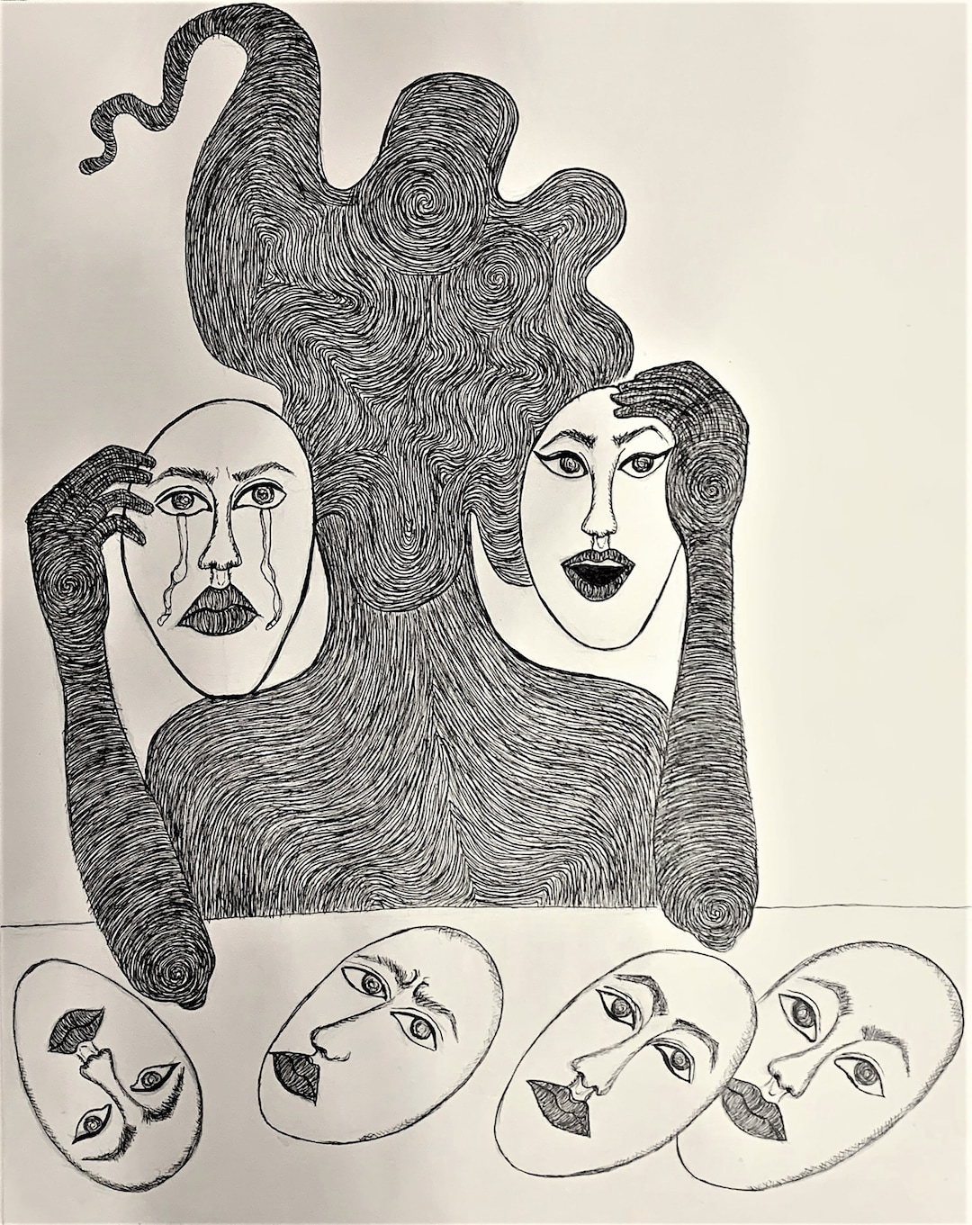 The Masks - Detailed Original Ink Drawing, Line Work, Figurative Art ...