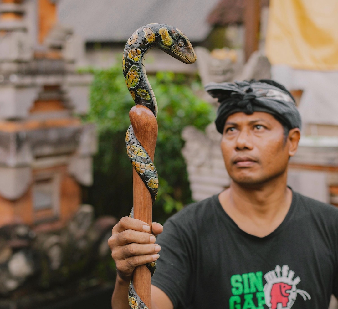 Sacred Balinese Ritual Staff – Hand Carved and Paint Serpent Totem ...
