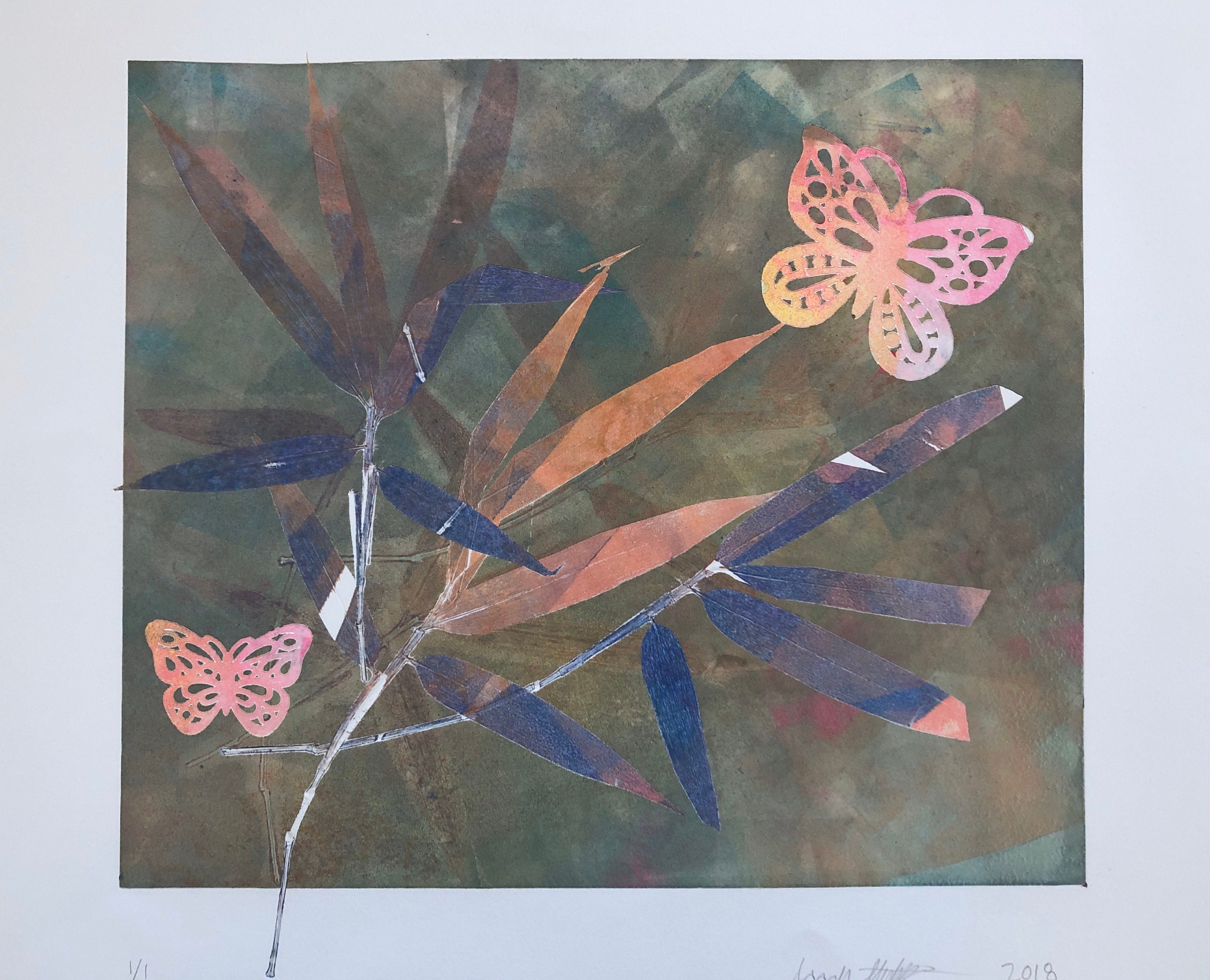 Monotype Nature Print green With Butterfly. Handmade, 1 of 1. Perfect ...