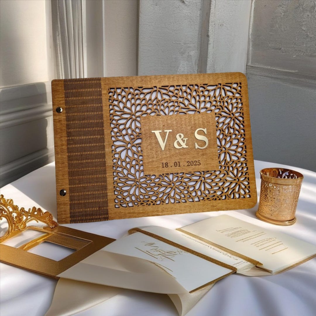 Handmade Floral Laser-cut Wooden Guest Book – Personalized Wedding ...
