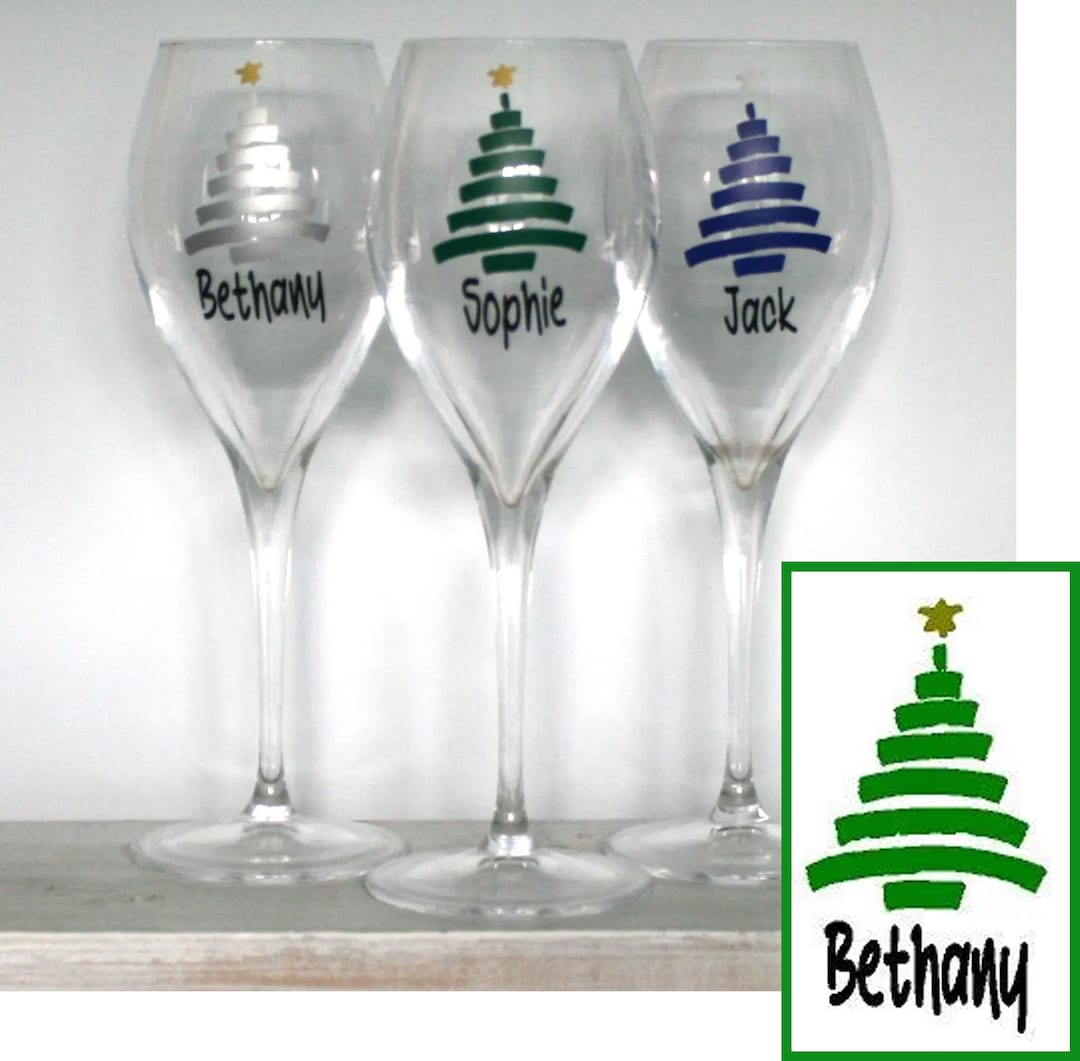 Personalized Christmas Tree Vinyl Decals: Wine Glass Stickers (set of 4 ...