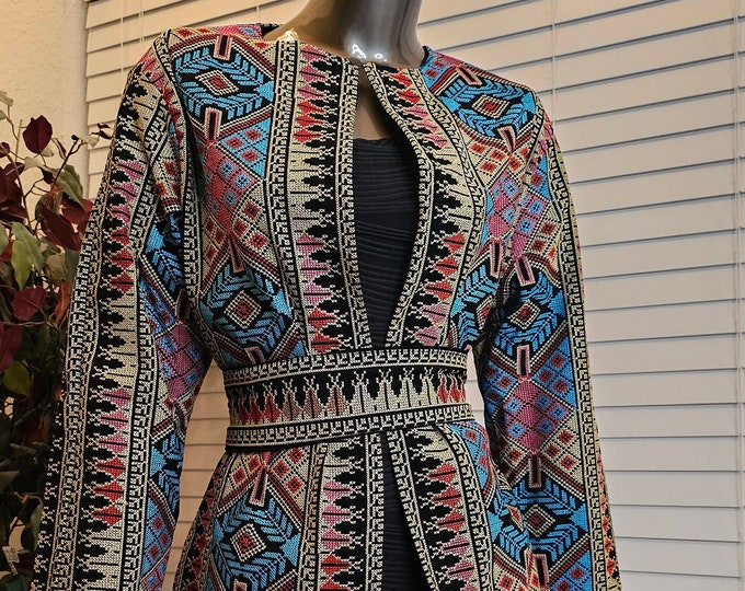Full Embroidered Palestinian Jordanian Jacket With Gold, Pink and Blue ...