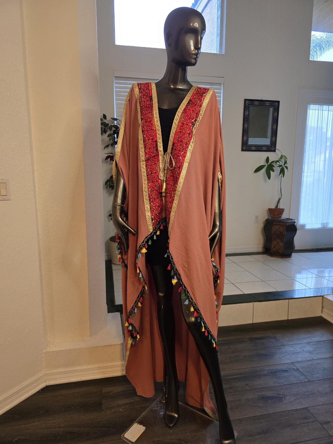 Peach Color Abaya, Thobe, Kaftan, Bisht With Gold and Red Embroidery ...