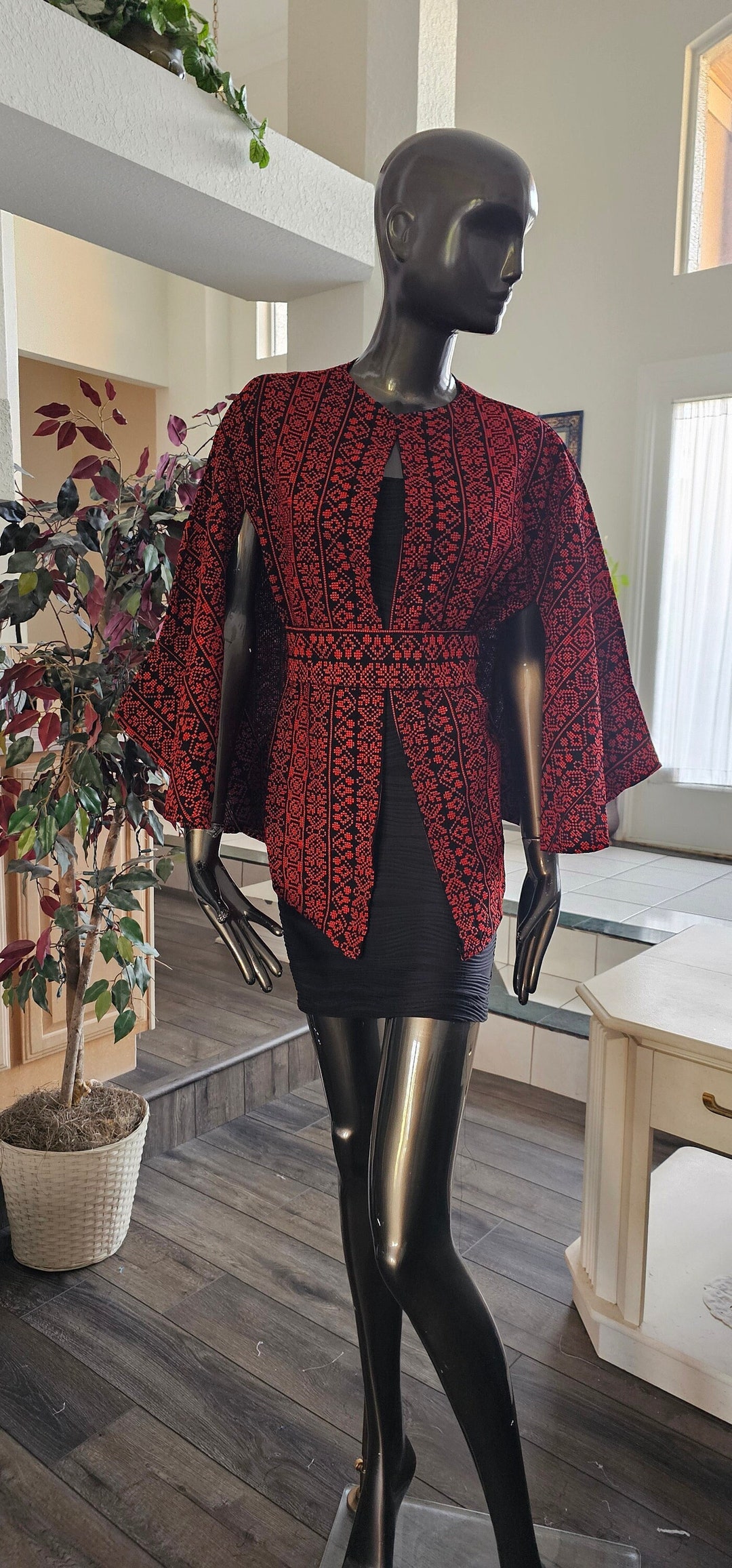 Red Full Embroidered (tatreez) Jacket / Cape From Front & Back With ...