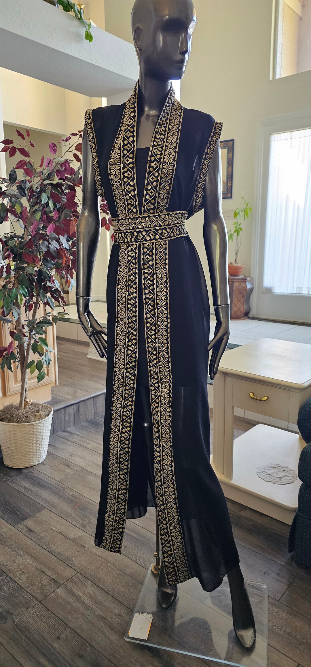 Palestinian Jordanian Sleeveless Black Chiffon Abaya, Bisht, Kaftan ...