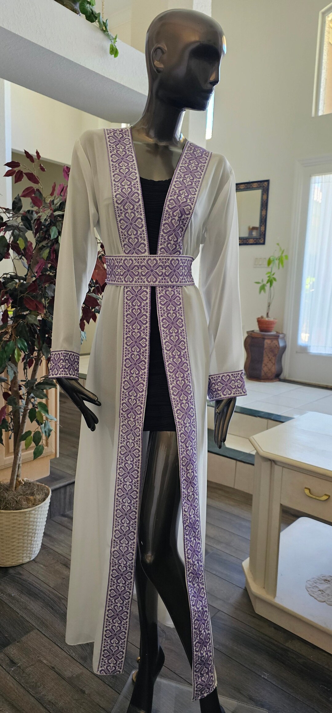 White Chiffon Abaya, Dress, Kaftan, Thobe With Purple Embroidery ...