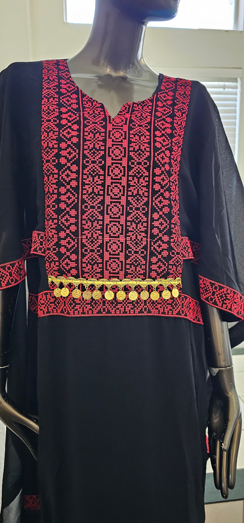 Embroidered Black Dress With Red Tatreez and a Cape on the Shoulders ...