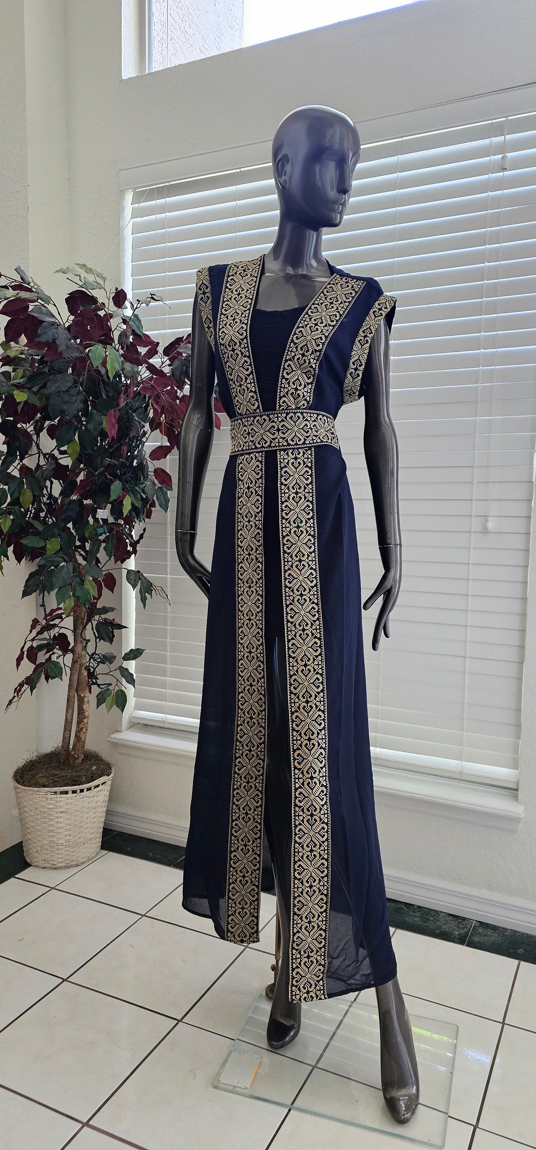 Palestinian Jordanian Sleeveless Navy Blue Chiffon Abaya, Bisht, Kaftan ...
