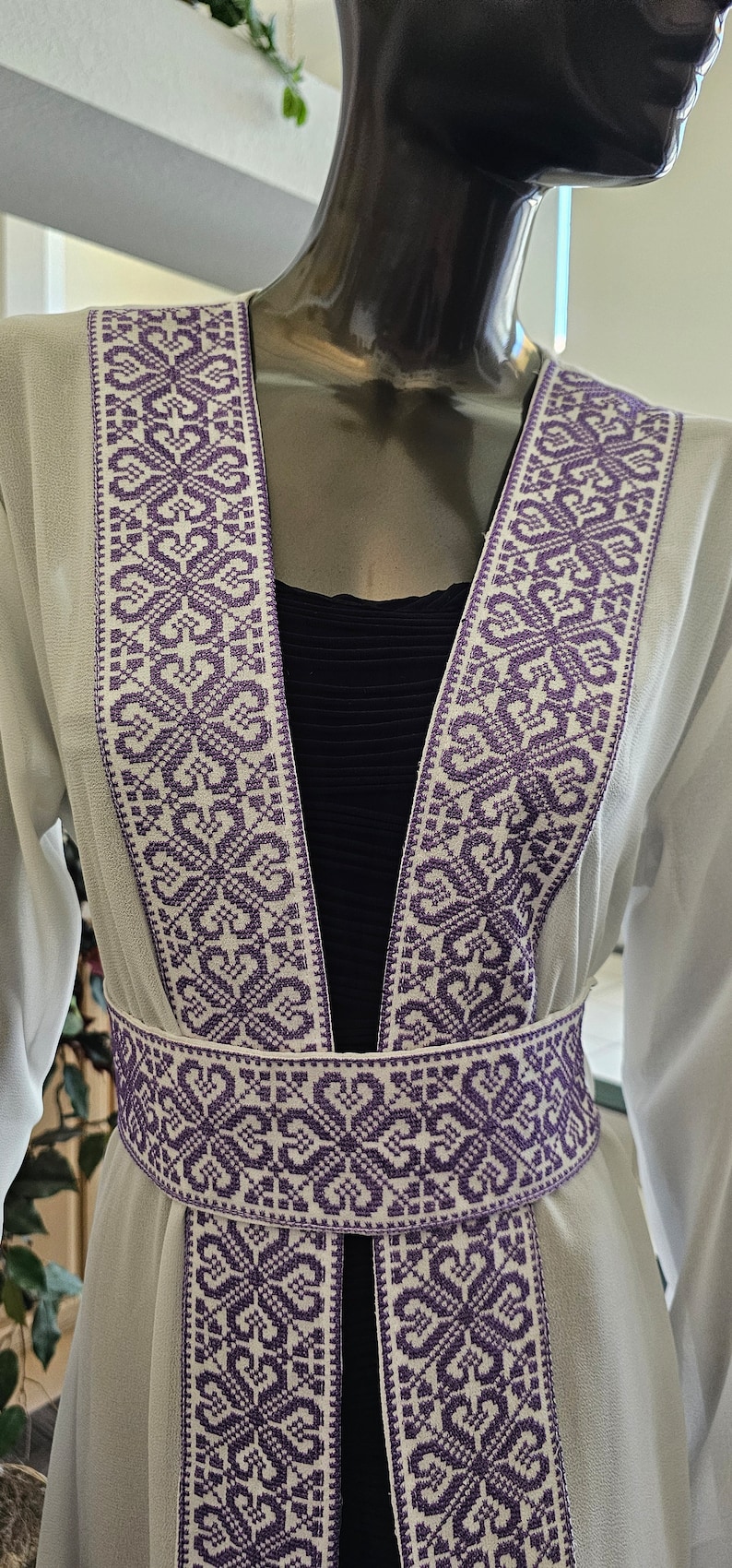 White Chiffon Abaya, Dress, Kaftan, Thobe With Purple Embroidery ...