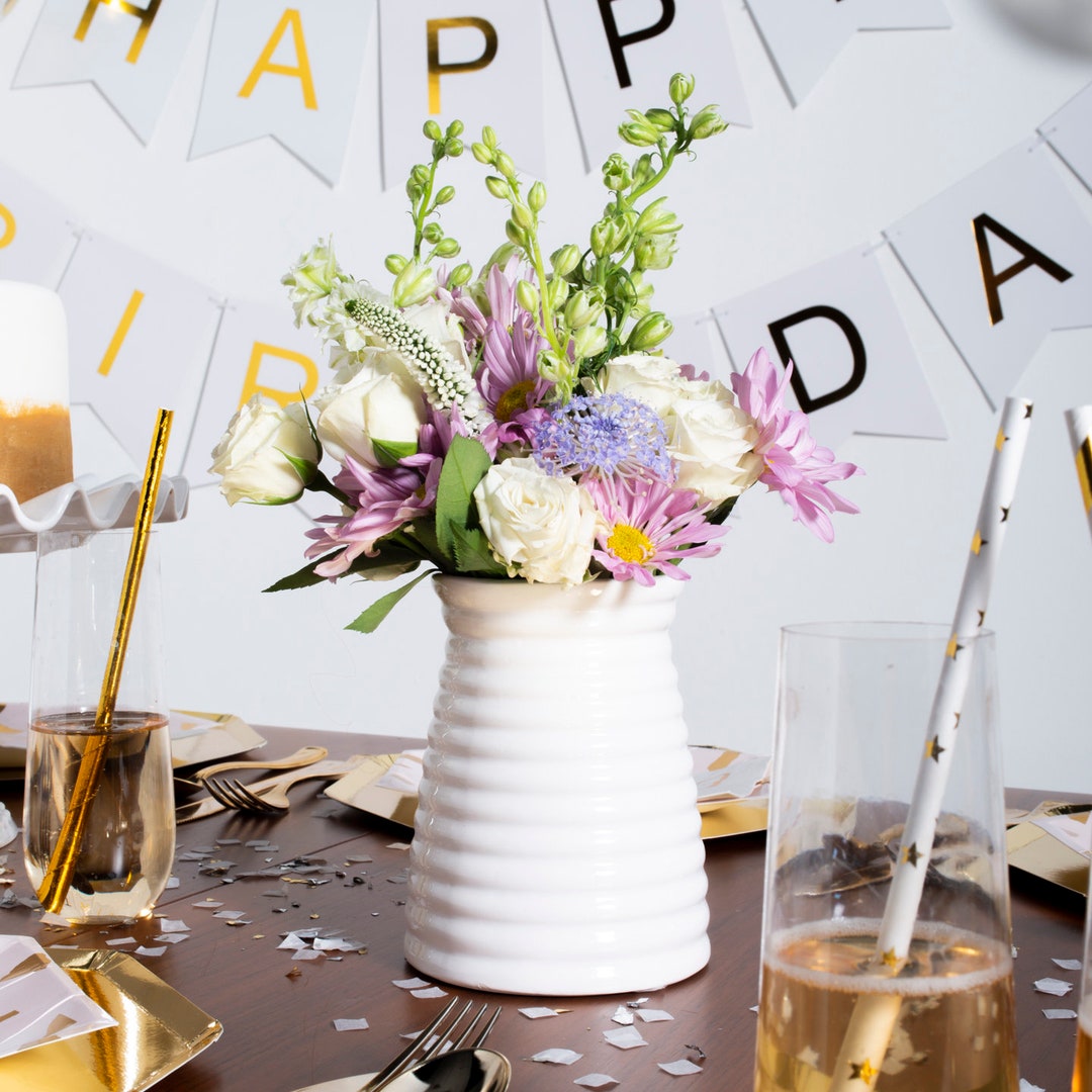 White Grooved Ceramic Vase for Everyday Use or Party Decor, Tapered ...