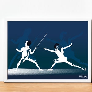 Fencing Poster Gift Illustration in Blue for a Fencer or Fencing Coach ...