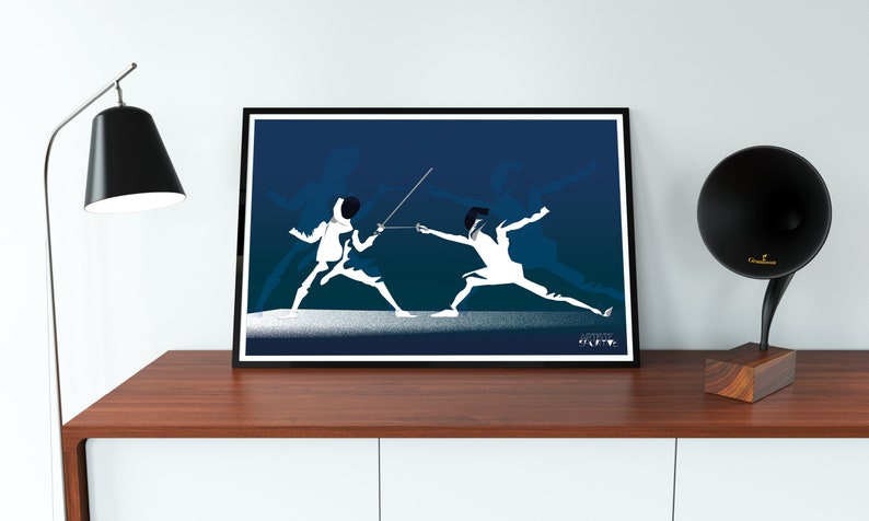 Fencing Poster Gift Illustration in Blue for a Fencer or Fencing Coach ...