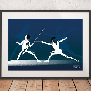 Fencing Poster Gift Illustration in Blue for a Fencer or Fencing Coach ...