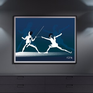 Fencing Poster Gift Illustration in Blue for a Fencer or Fencing Coach ...