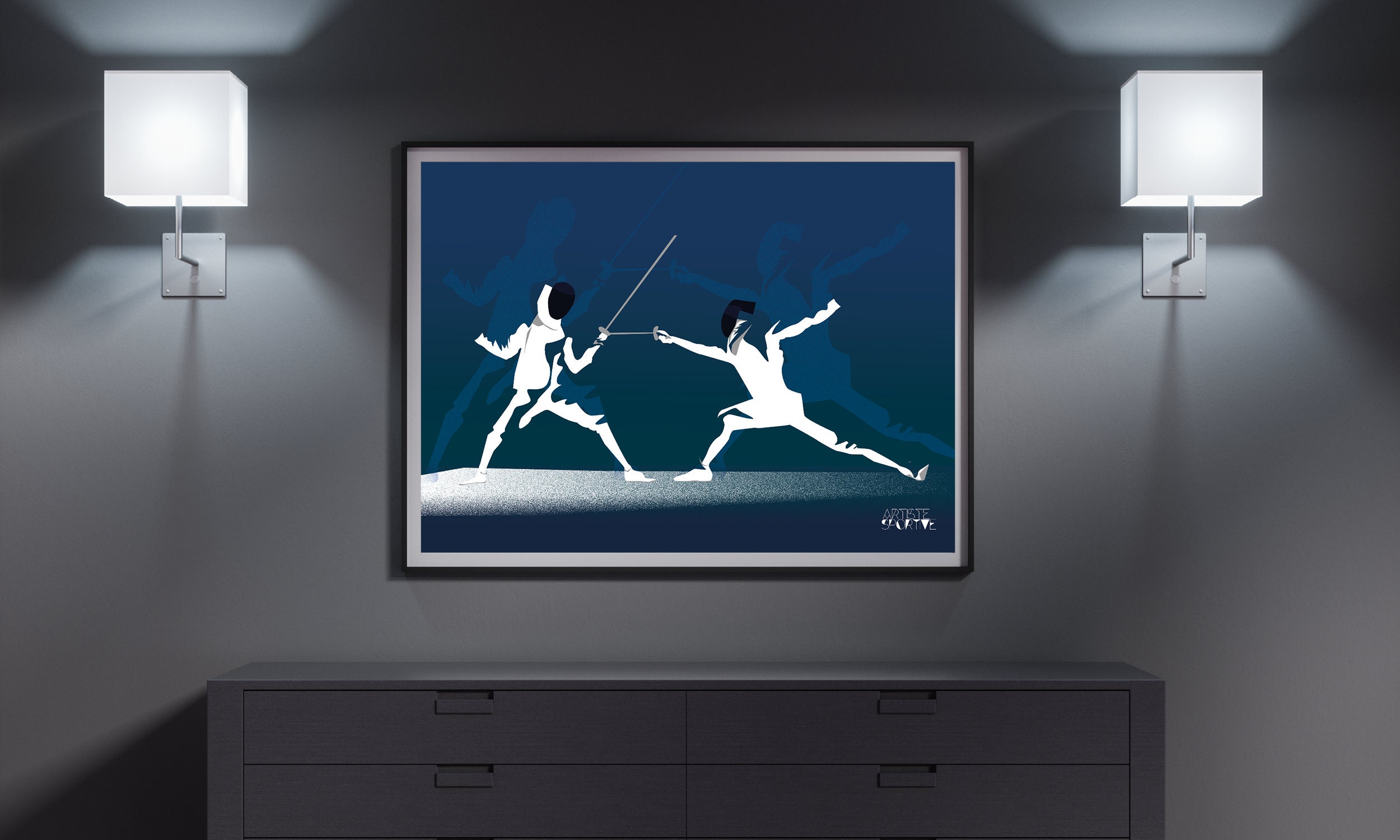 Fencing Poster Gift Illustration in Blue for a Fencer or Fencing Coach ...