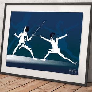 Fencing Poster Gift Illustration in Blue for a Fencer or Fencing Coach ...