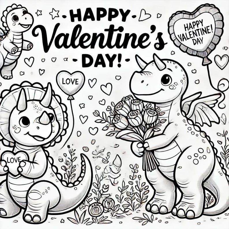 Happy Valentines Day - Dinosaurs - Coloring Pages - Etsy