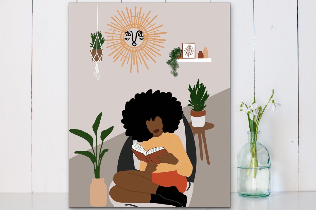 Afro Woman Reading Book Poster Print , Book Lover Art, Black Woman Art ...