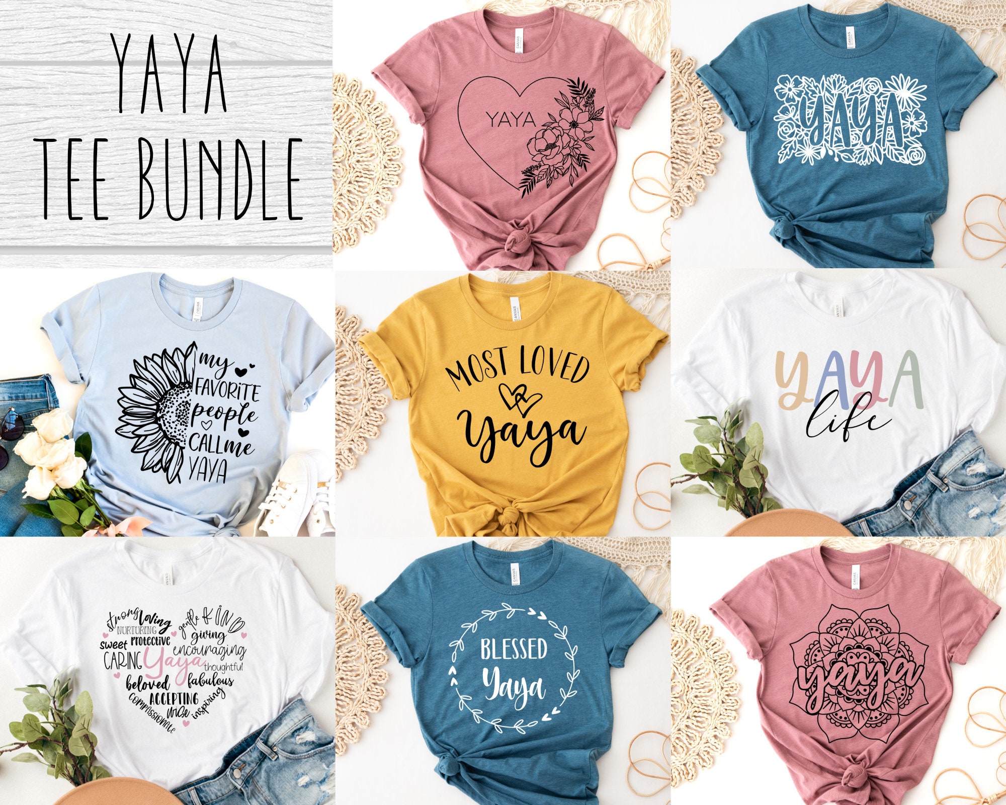 Yaya SVG Bundle 8 Designs, Floral Love & Family Shirt Graphics, Mother ...
