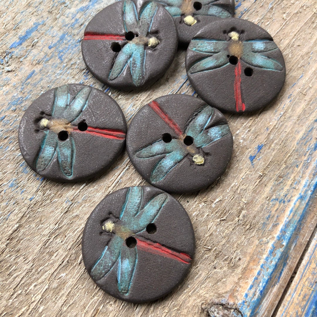 Dragonfly Artisan Buttons-hand-painted Dragonfly Buttons-pottery Button ...