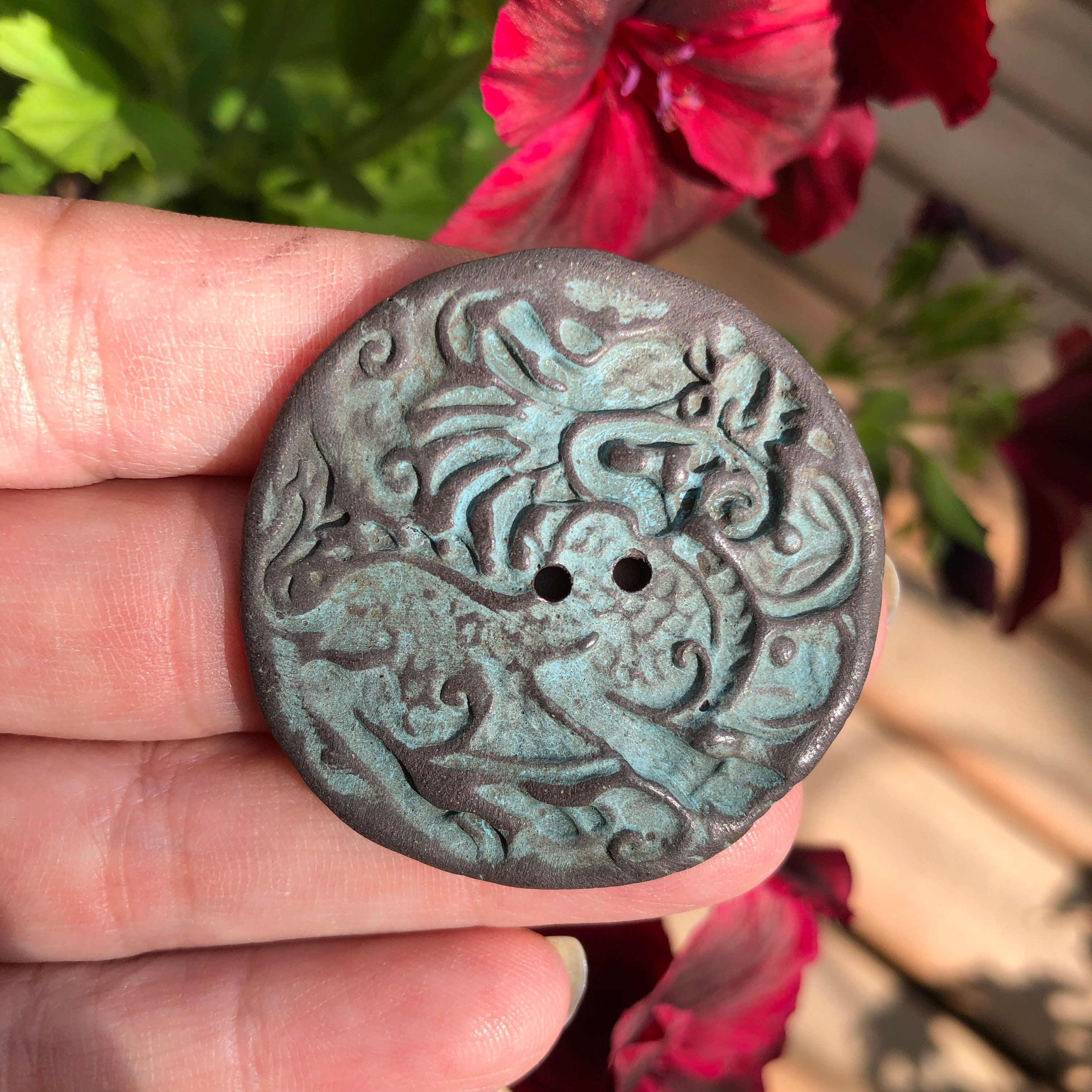 Turquoise Dragon Button-Artisan ceramic button-handcrafted button ...