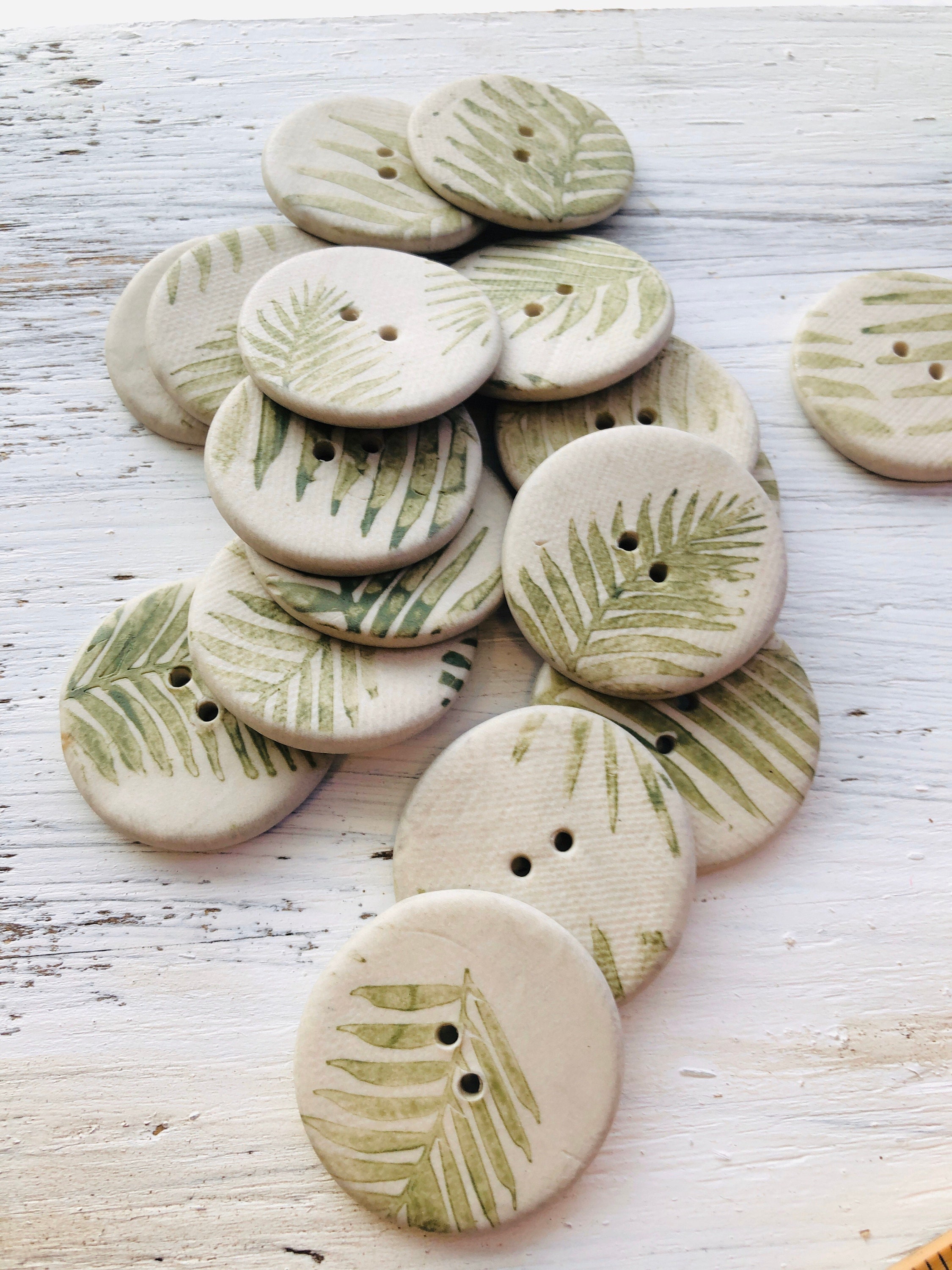Artisan Porcelain Leaf Green and white button handpainted buttons-hand ...