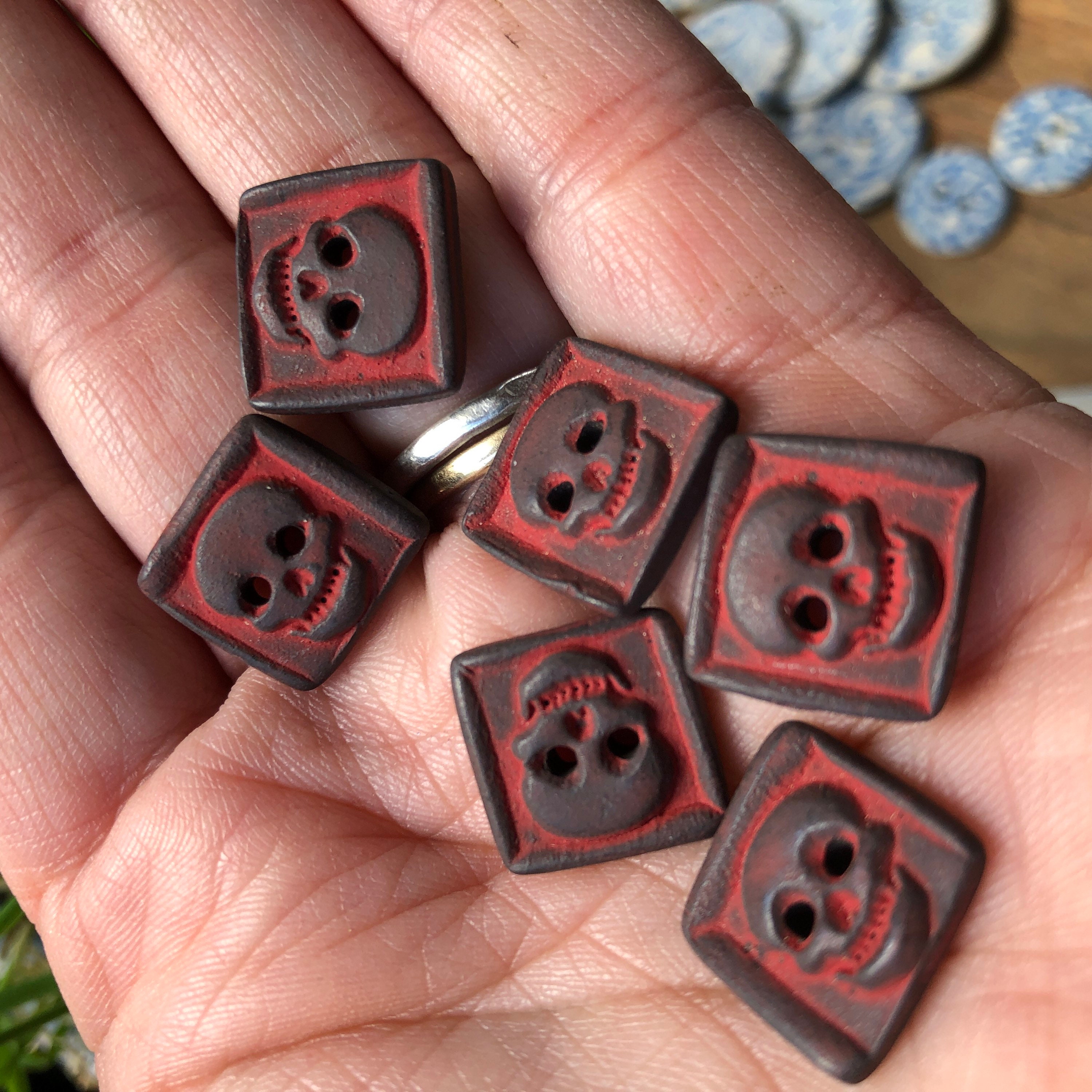Set of 6 Red Skull Buttons-HandcraftedHandmade button-Pottery Button ...