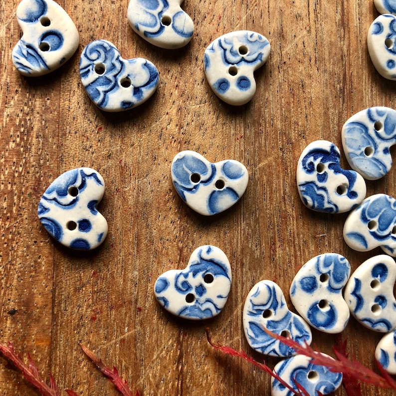 Blue Delft Heart Porcelain Buttons-artisan Handmade Buttons Blue Heart ...
