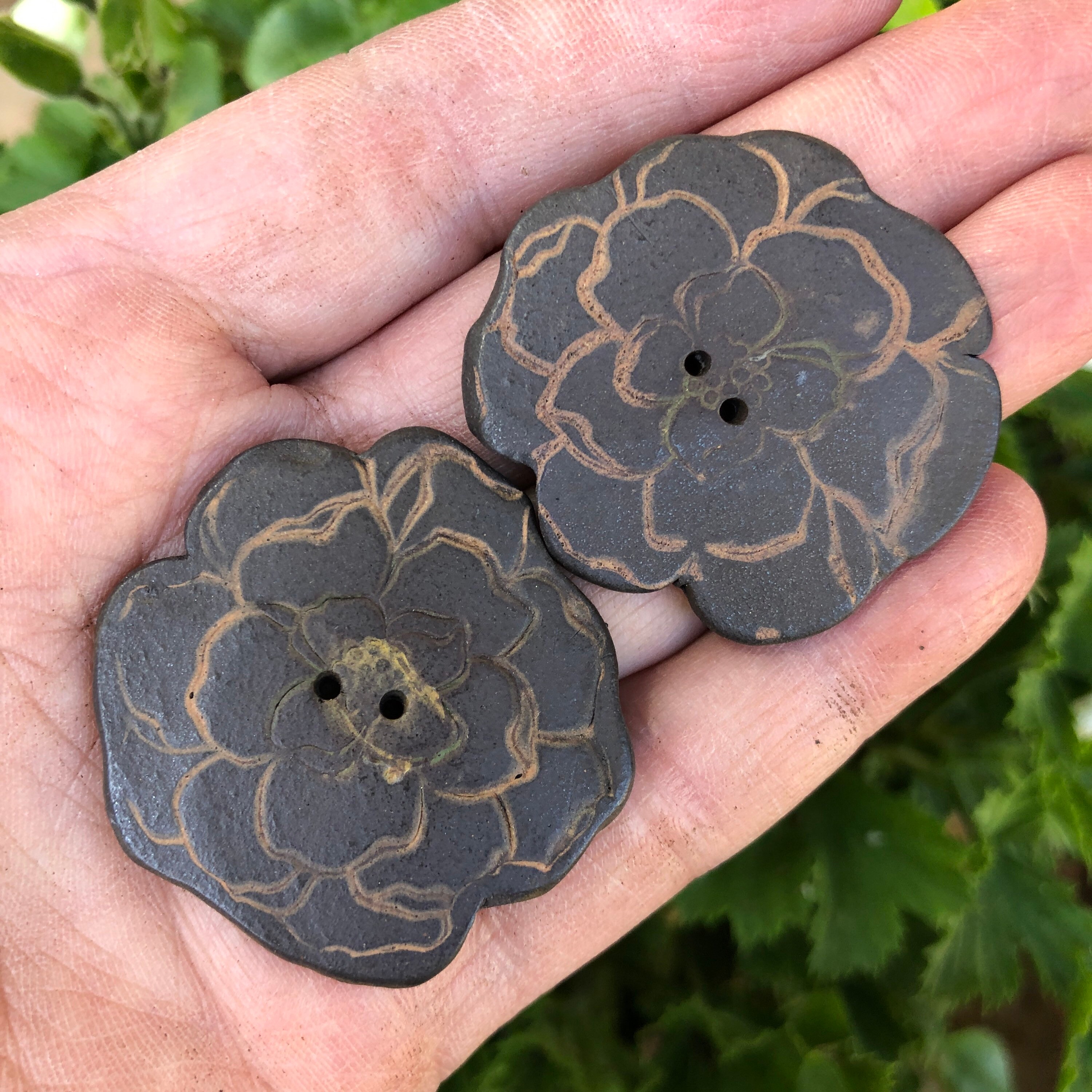 Brown and Black flower artisan buns-Pair-statement buttons-pottery ...