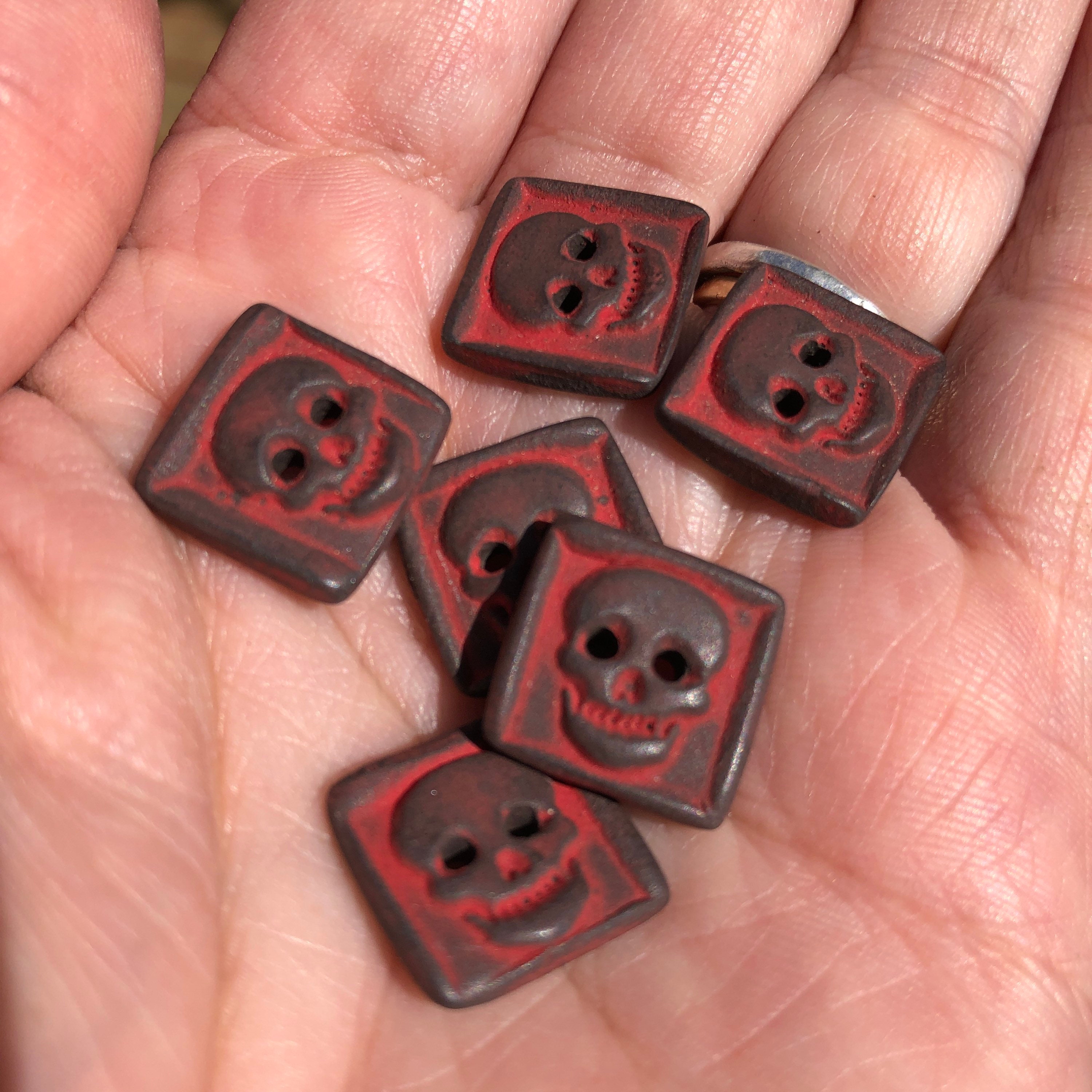 Set of 6 Red Skull Buttons-HandcraftedHandmade button-Pottery Button ...