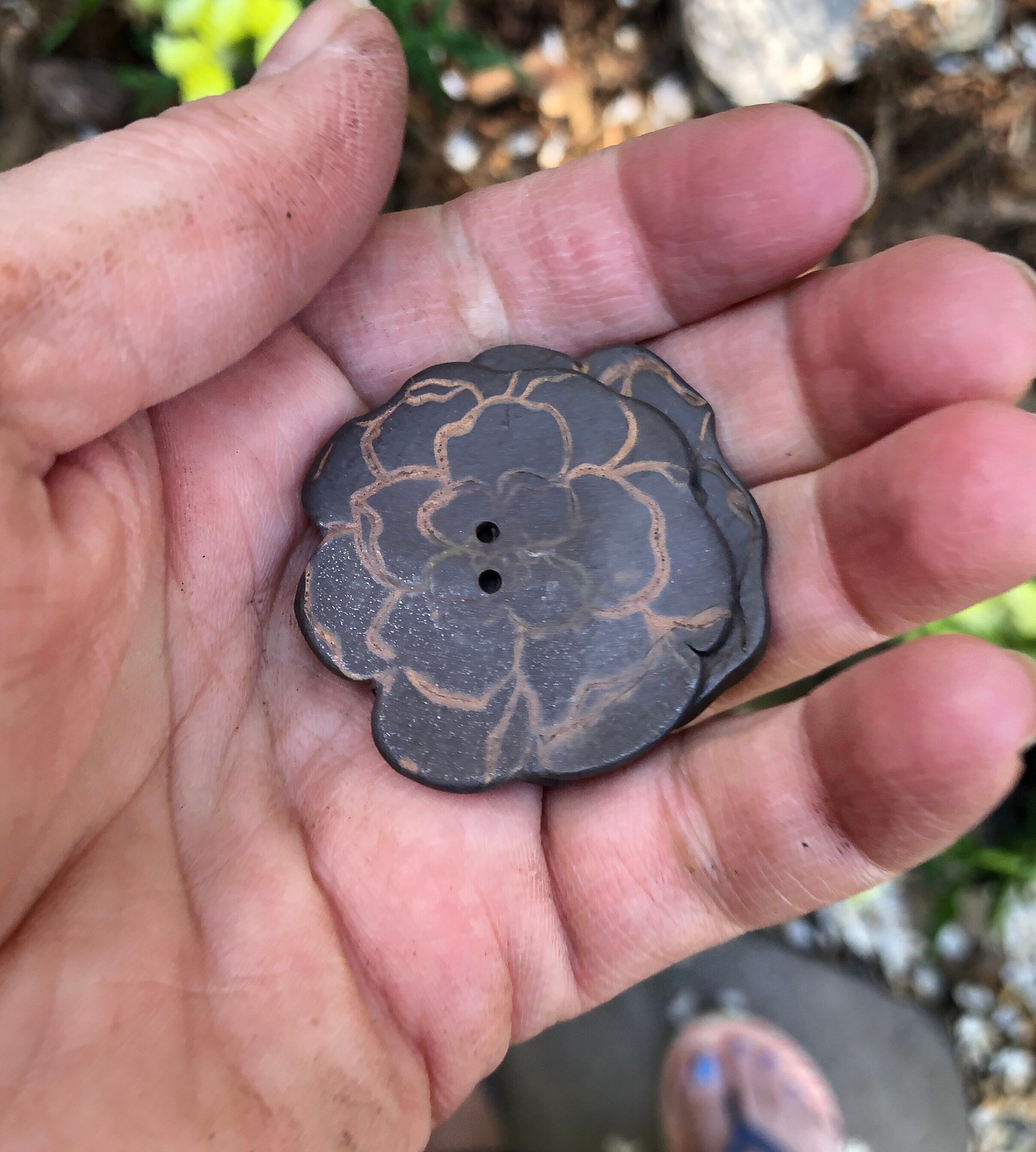 Brown and Black flower artisan buns-Pair-statement buttons-pottery ...