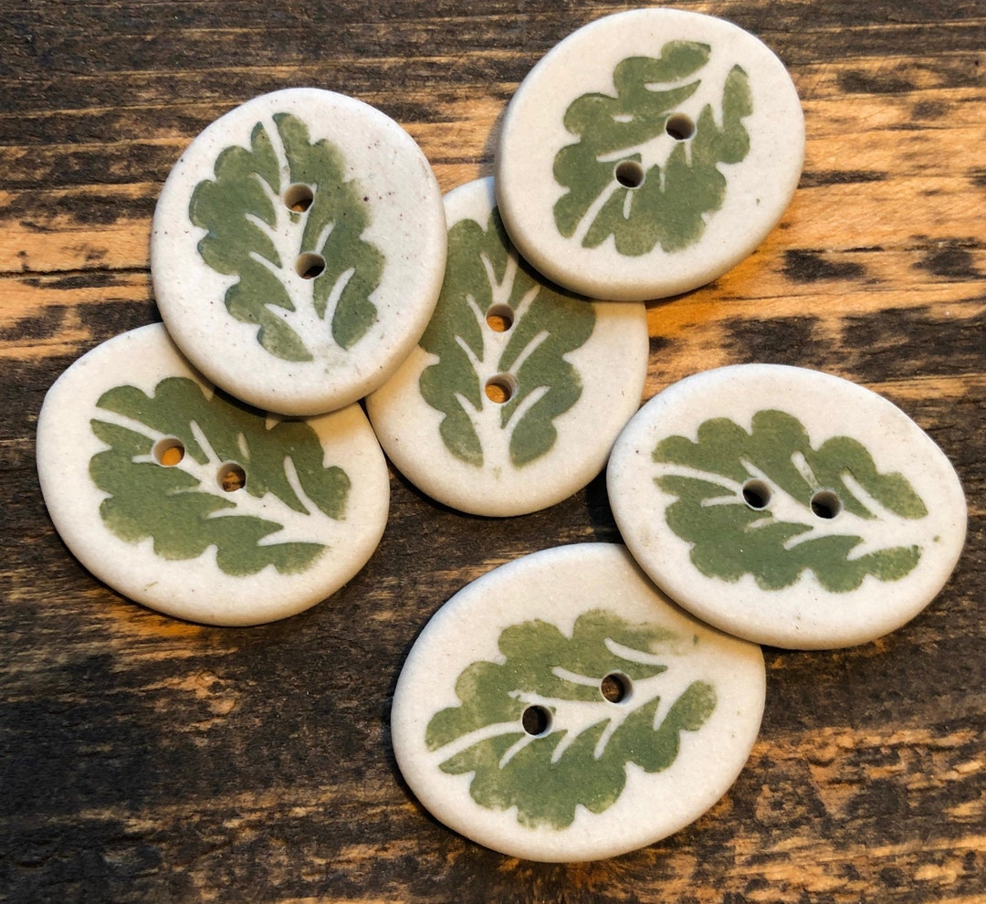 Set of 6 Oak Leaf Porcelain Buttons-artisan Buttons-green and White ...