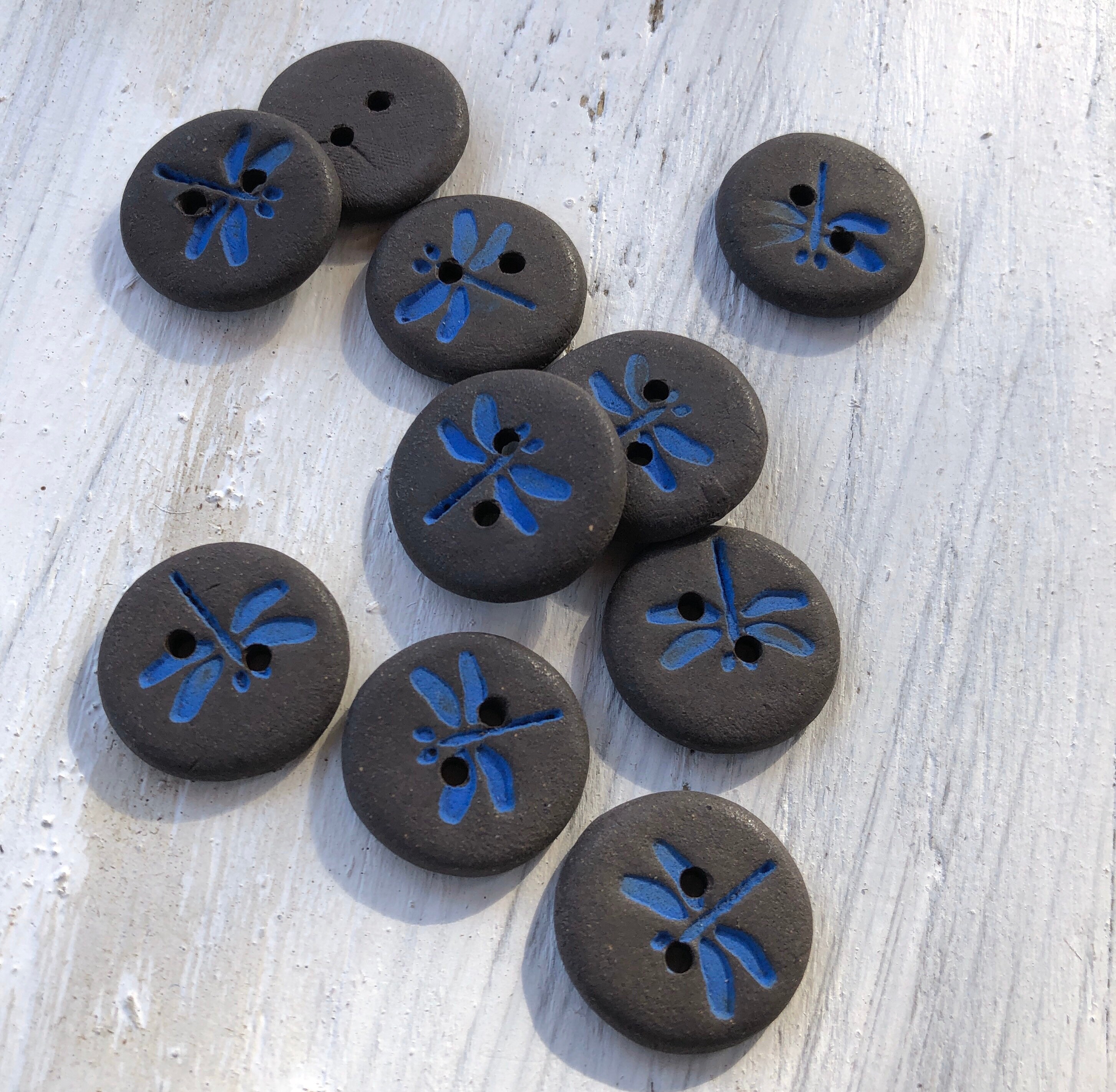 Set of 10 dragonfly handmade ceramic buttons-blue buttons-Artisan Hand ...