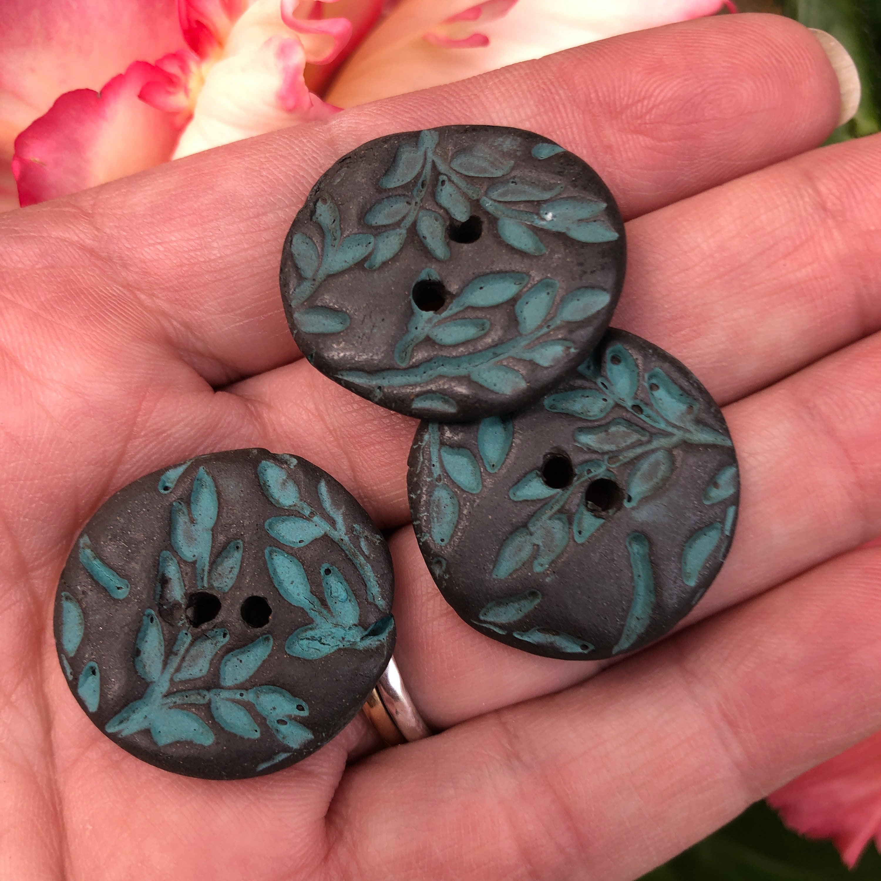 3 Vine Turquoise Buttons-Rustic Buttons-Hand painted button-Handmade ...