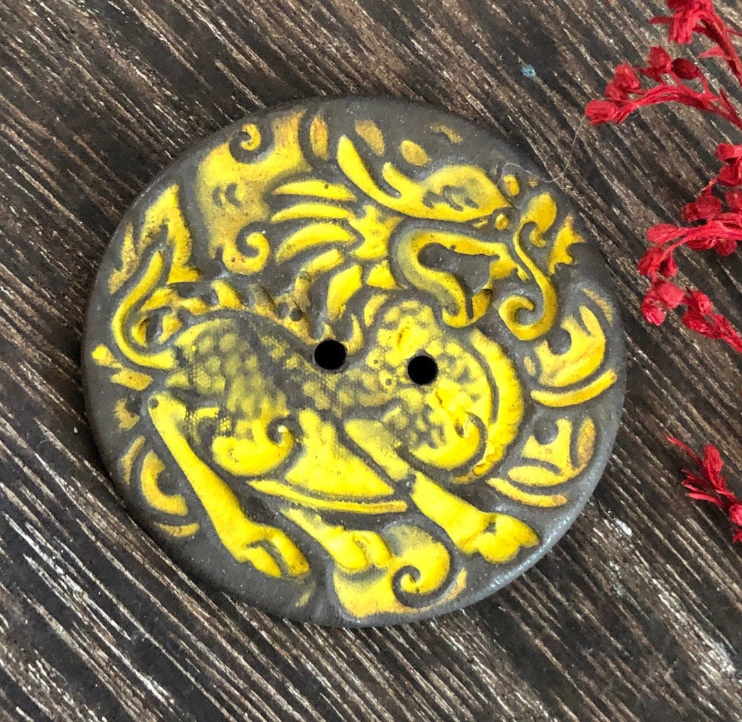 Yellow Dragon Button-artisan Button-ceramic Button-dragon Art-jewelry ...