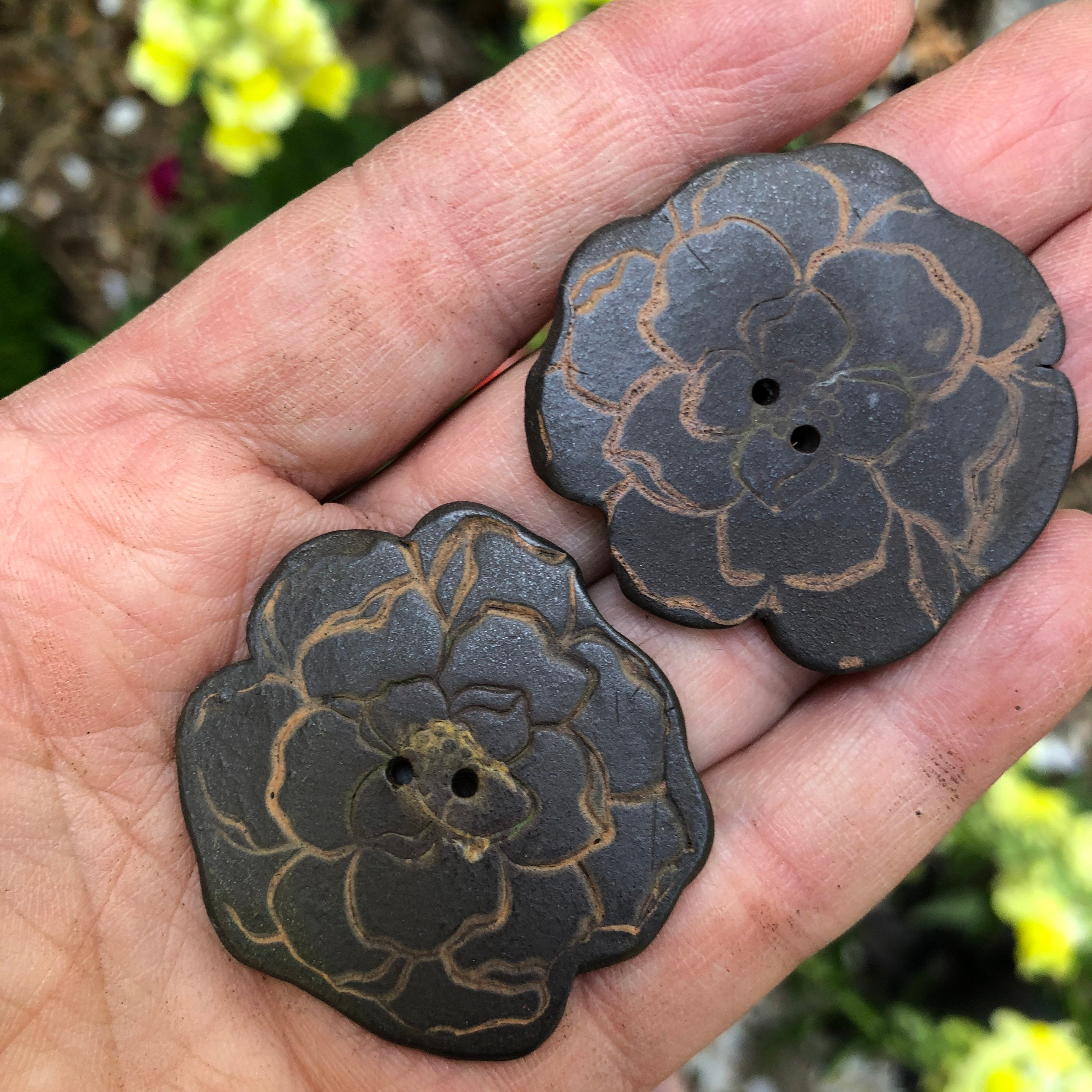 Brown and Black flower artisan buns-Pair-statement buttons-pottery ...
