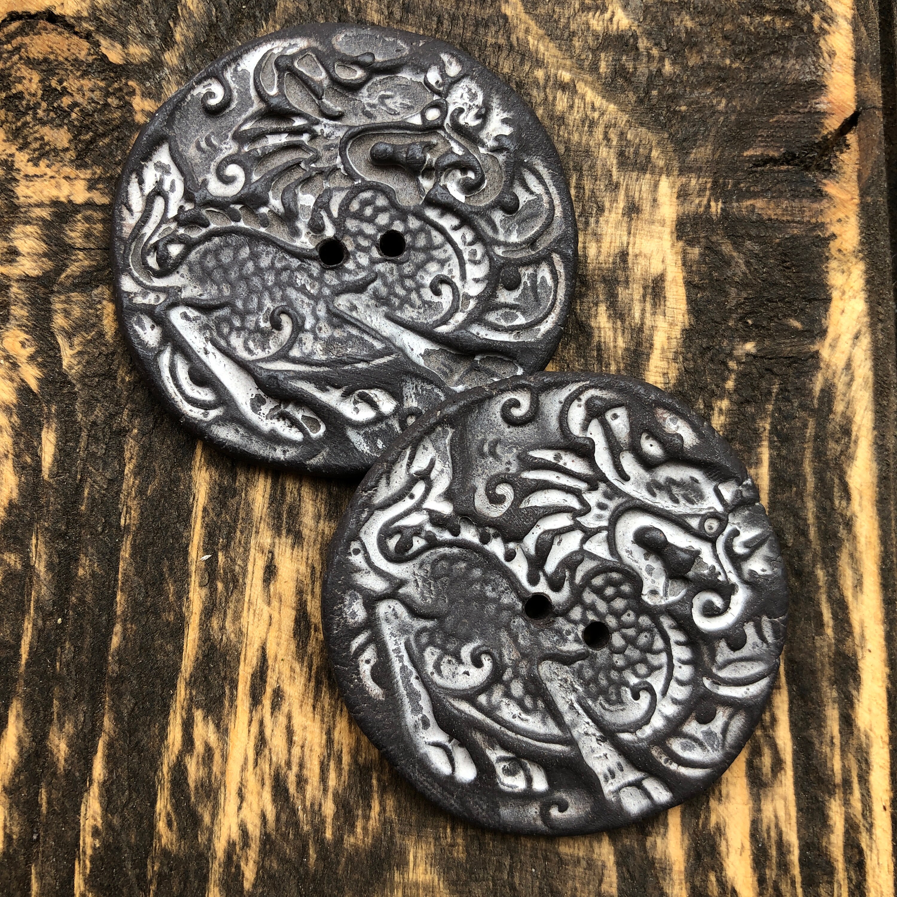 White Dragon Black Ceramic Button-Artisan Button-Dragon Button ...