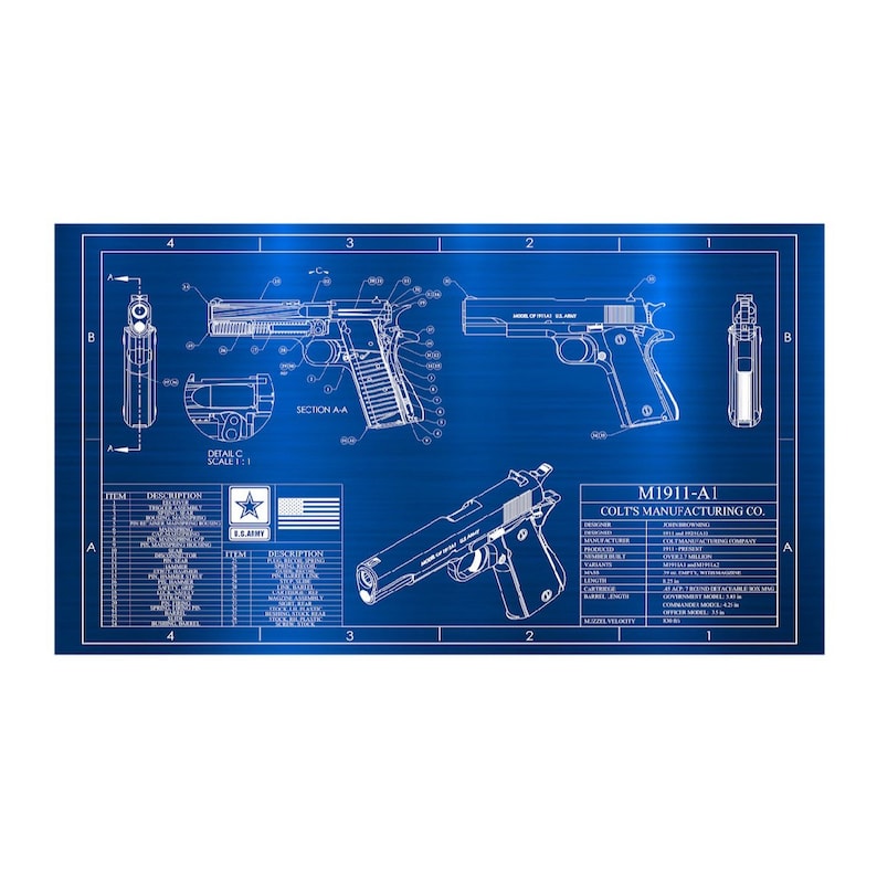 M1911-A1 Anodized Aluminum Blueprint Art 21.5x12” With Frame - Etsy