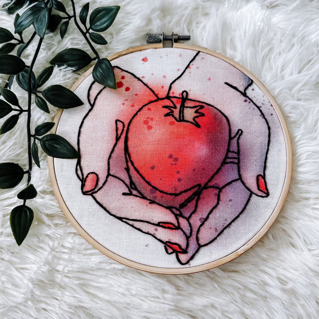 Twilight Apple Line Art Embroidery, Printed Watercolor Background, Hand ...