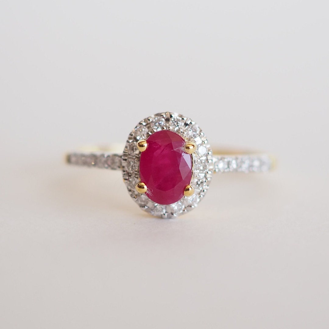 Dashing Red 14K Natural Certified Oval Ruby & Genuine Diamonds, Halo ...